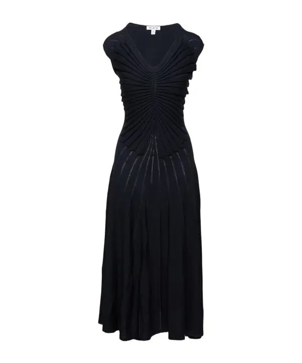 Alaïa V-neck Pleated Sleeveless Dress - Black