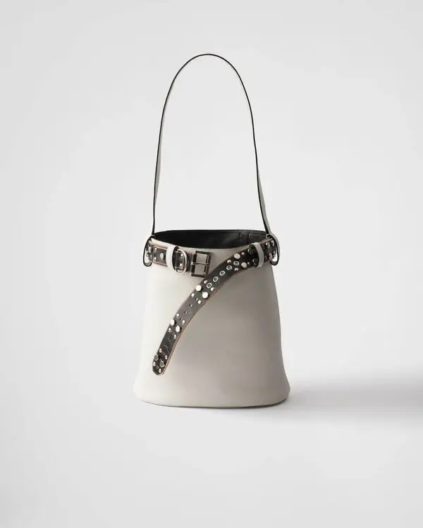 Prada Buckle Leather Bucket Bag With Studded Belt - White/black