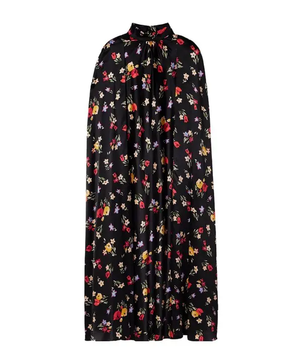 RODARTE Floral Print Silk Charmeuse Cape Effect Midi Dress