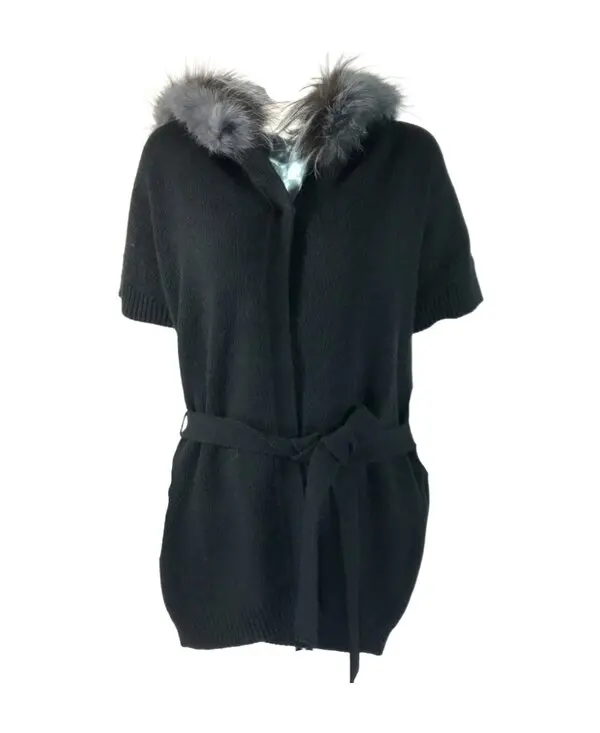 Max Mara Short Sleeved Knitted Cardigan With Waist Tie And Fur Trimmed Hood