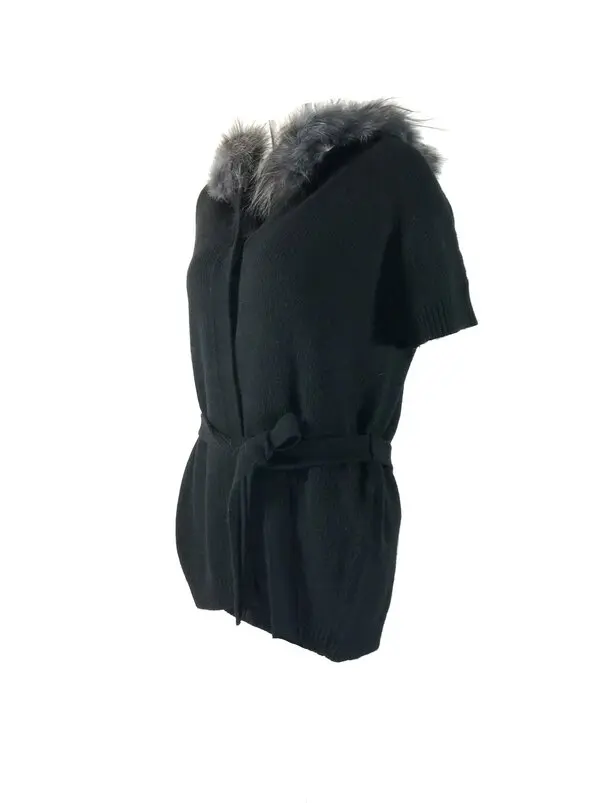 Max Mara Short Sleeved Knitted Cardigan With Waist Tie And Fur Trimmed Hood