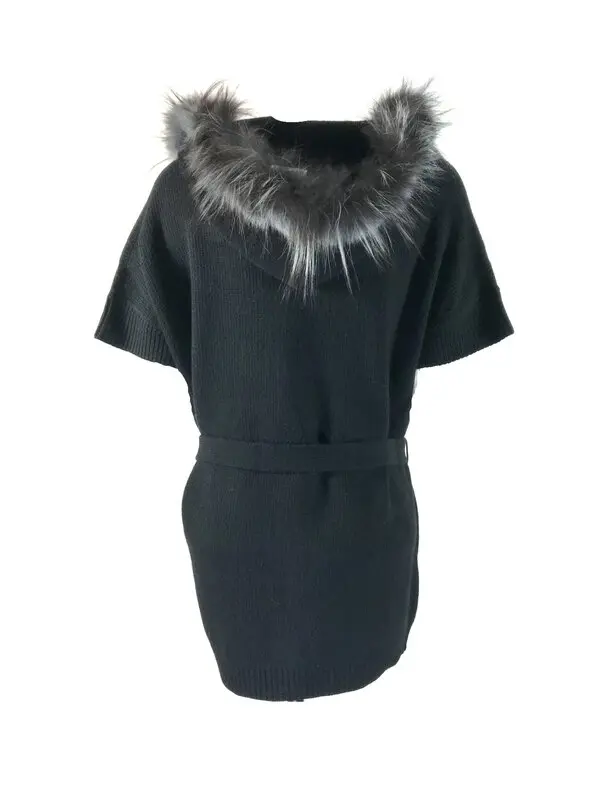 Max Mara Short Sleeved Knitted Cardigan With Waist Tie And Fur Trimmed Hood