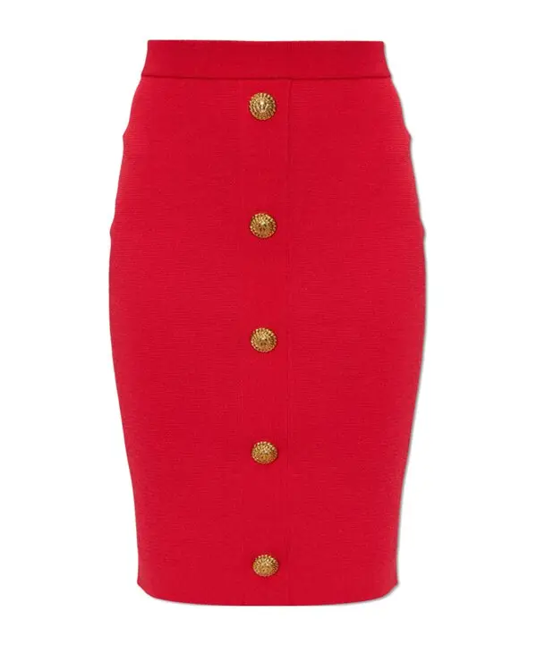 Balmain Button Detailed Pencil Skirt - Red