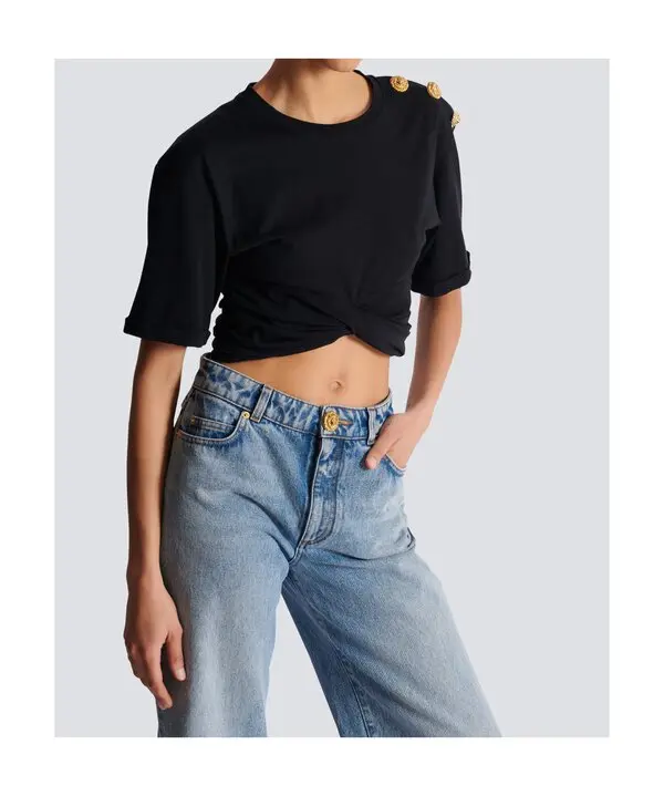 Balmain Cropped Tie T-shirt With Lion Head Snaps - Black