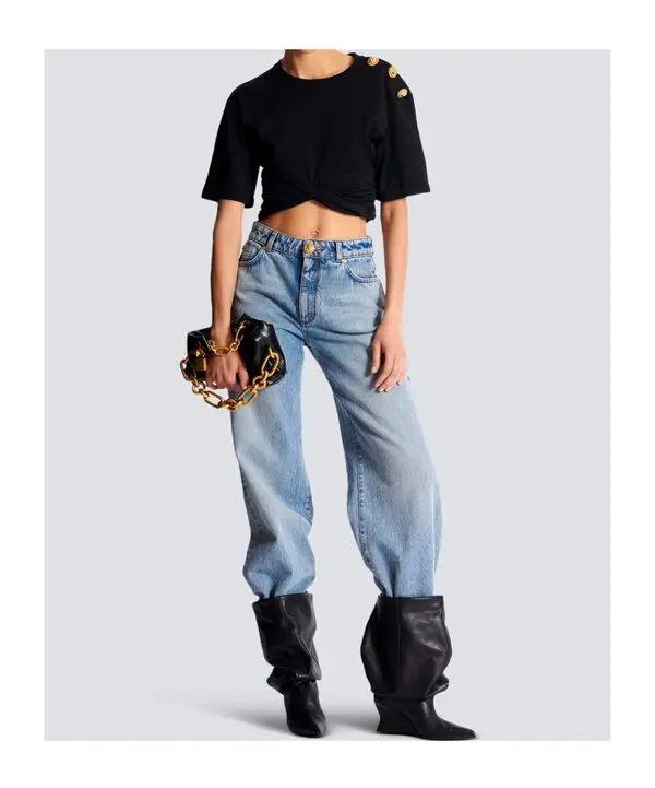 Balmain Cropped Tie T-shirt With Lion Head Snaps - Black
