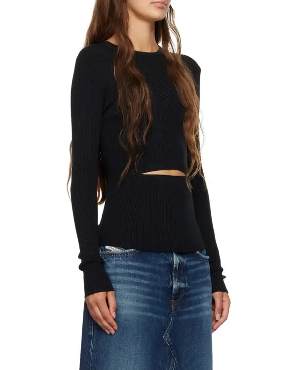 DIESEL® Ribbed Knit Cut-out Long Sleeve Top - Black