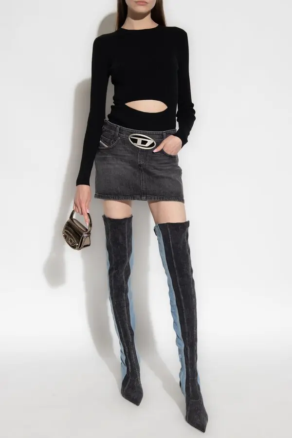 DIESEL® Ribbed Knit Cut-out Long Sleeve Top - Black