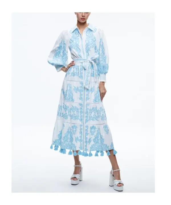ALICEOLIVIA Embroidered Layered Midi Dress With Tassel Hem