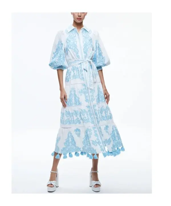 ALICEOLIVIA Embroidered Layered Midi Dress With Tassel Hem