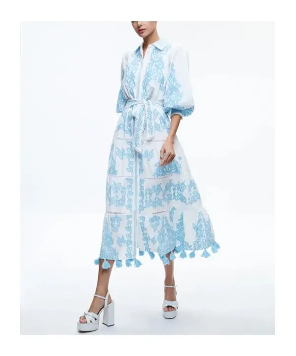 ALICEOLIVIA Embroidered Layered Midi Dress With Tassel Hem