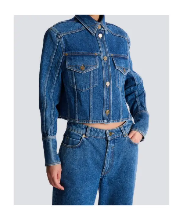 Balmain Cropped Faded Denim Jacket With Button Detail