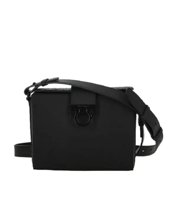 FERRAGAMO Gancini Embossed Shoulder Bag - Black