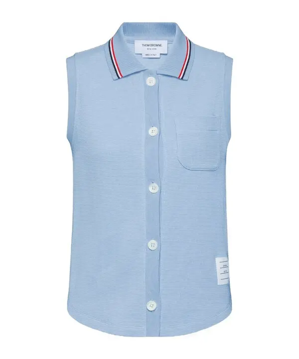 Thom Browne Sleeveless Polo Top With Signature Stripes - Light Blue