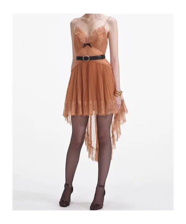 SELF-PORTRAIT Dot Mesh Mini Dress With Lace Trim And Belt