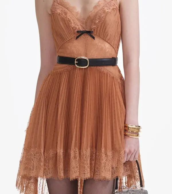 SELF-PORTRAIT Dot Mesh Mini Dress With Lace Trim And Belt