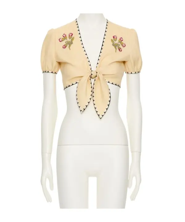 Valentino Garavani Floral Embroidered Cropped Tie Front Top - White