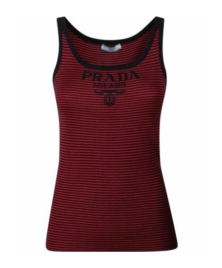 Prada Logo Embroidered Striped Knit Tank Top - No