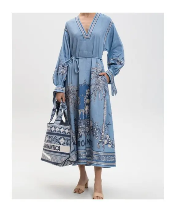 ALEMAIS Long Sleeve V-neck Printed Dress