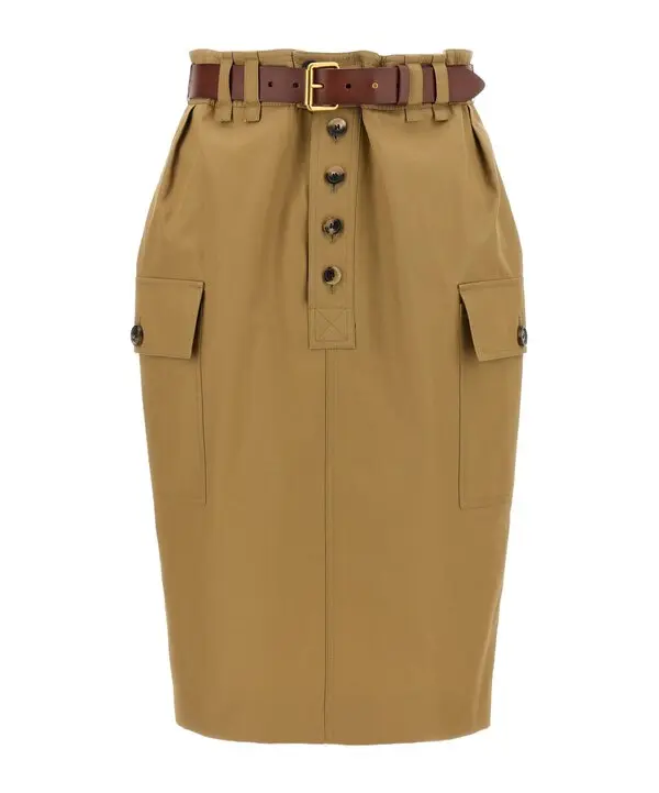 Saint Laurent Button Detailed Belted Pencil Skirt - Beige