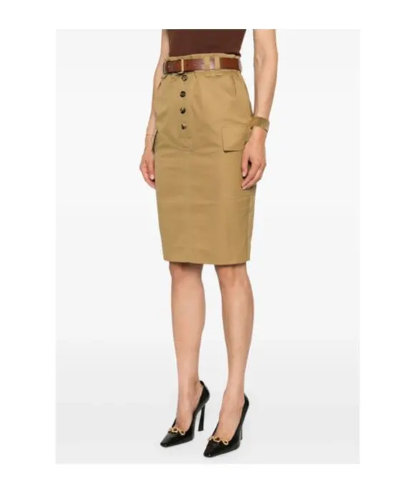 Saint Laurent Button Detailed Belted Pencil Skirt - Beige