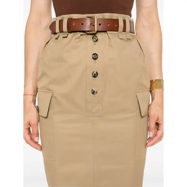 Saint Laurent Button Detailed Belted Pencil Skirt - Beige