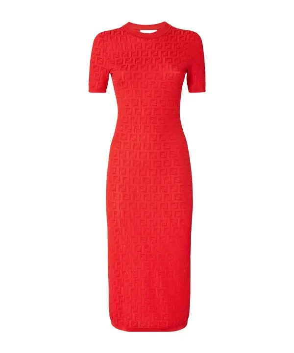 Fendi Ff Motif Knitted Midi Dress - Red