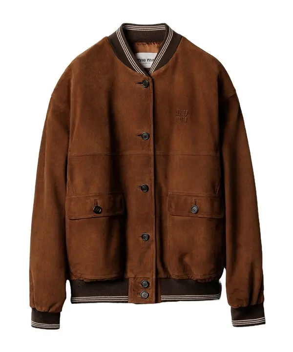 Miu Miu Suede Bomber Jacket With Embossed Monogram