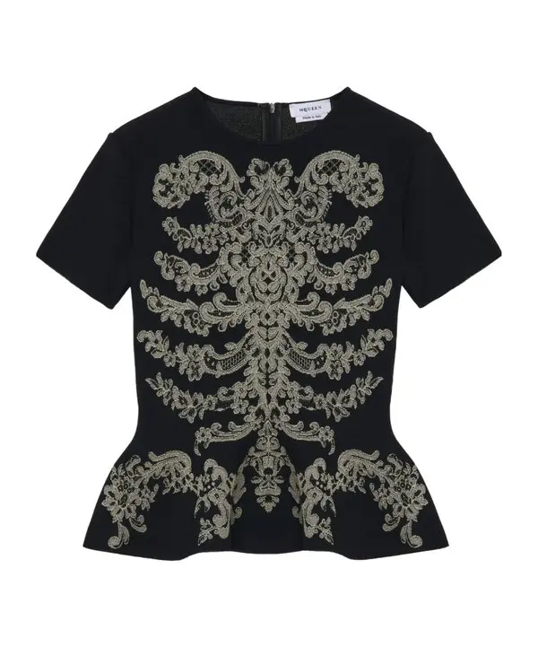 Alexander McQueen Lace Ribcage Jacquard Peplum Top
