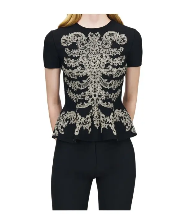 Alexander McQueen Lace Ribcage Jacquard Peplum Top