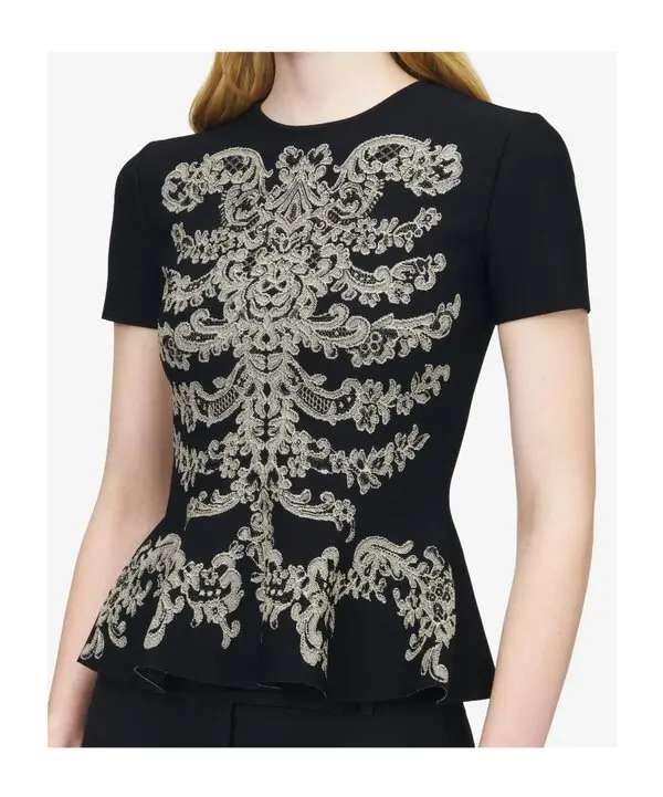 Alexander McQueen Lace Ribcage Jacquard Peplum Top