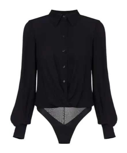 Elisabetta Franchi Slim Fit Georgette Bodysuit With Lapel Collar And Cross-over Drape - Black