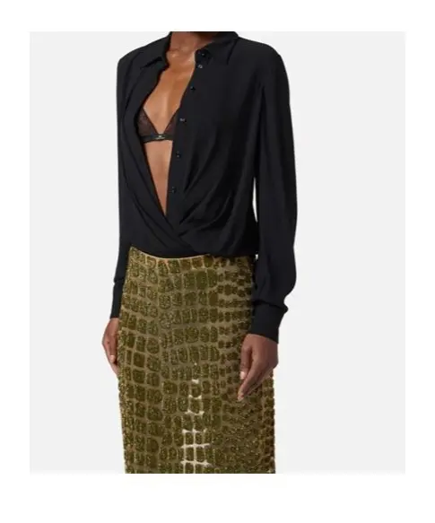 Elisabetta Franchi Slim Fit Georgette Bodysuit With Lapel Collar And Cross-over Drape