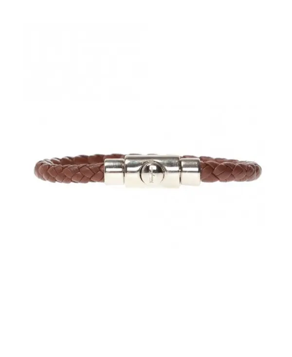 FERRAGAMO Braided Leather Bracelet With Silver Logo Detail - Yellow