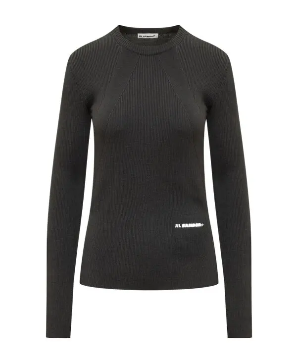 JIL SANDER Ribbed Crew Neck Jumper With Front Logo - Black