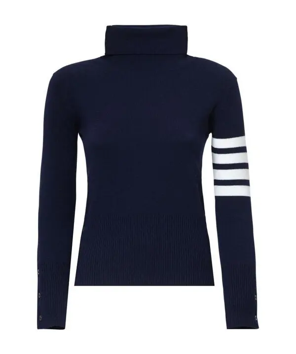 Thom Browne Striped Turtleneck Sweater With Button Detail - Navy Blue