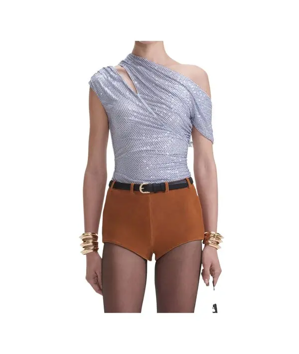 SELF-PORTRAIT Embellished Asymmetric Neckline Top With Keyhole Detail - Light Blue