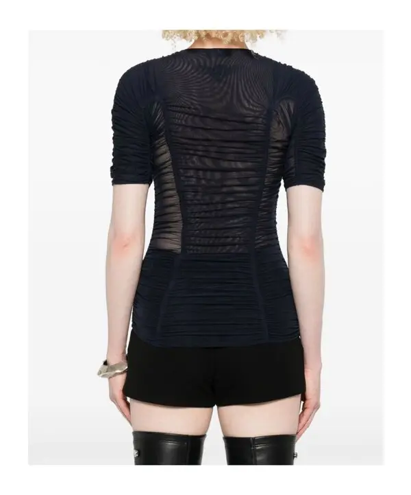 MUGLER Mesh Pleated Short Sleeve Top