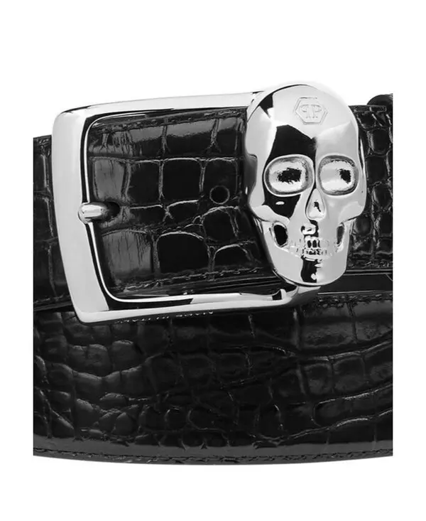 Philipp Plein Crocodile Effect Leather Belt With Skull Detail