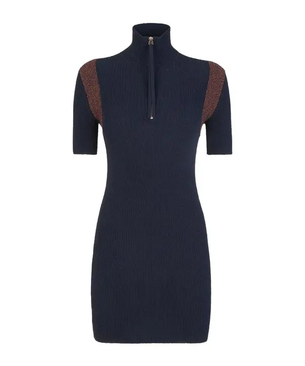 Fendi Fitted Jersey Dress With High Neck And Short Sleeves - Blue