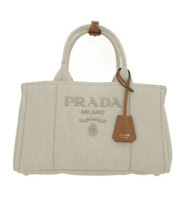 Prada Logo Embroidered Top Handle Bag - Beige