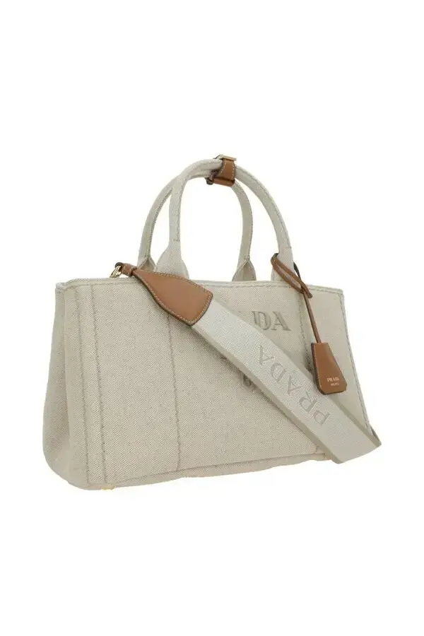 Prada Logo Embroidered Top Handle Bag - Beige