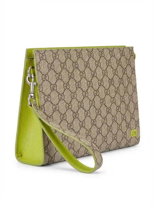 Gucci Gg Canvas Clutch Bag With Detachable Wrist Strap - Beige Dark Brown Acid Green