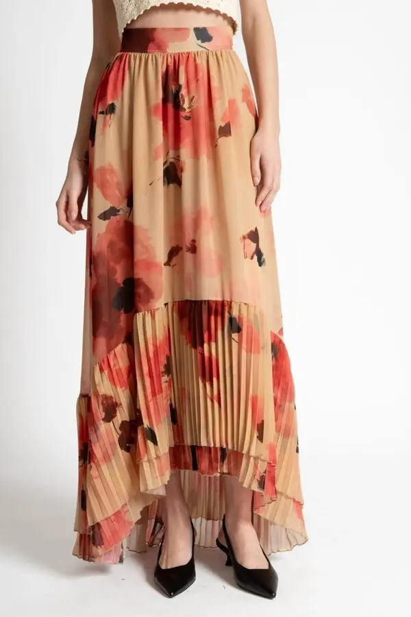 KAOS Floral Print Pleated Midi Skirt
