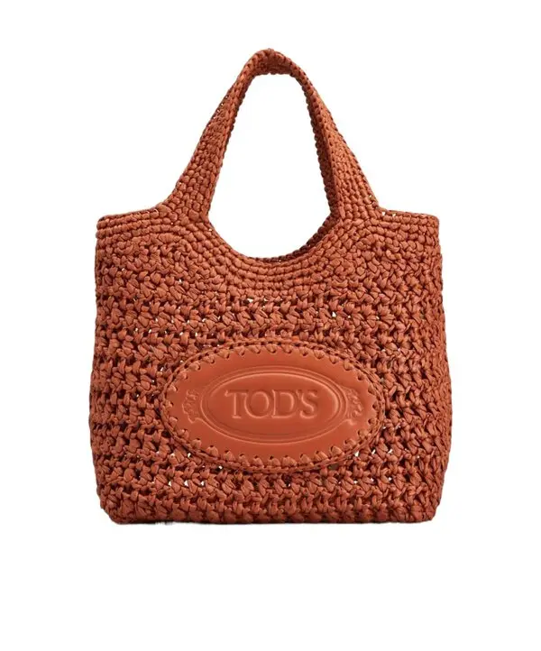 TOD'S Raffia Crochet Tote Bag With Debossed Logo - Orange