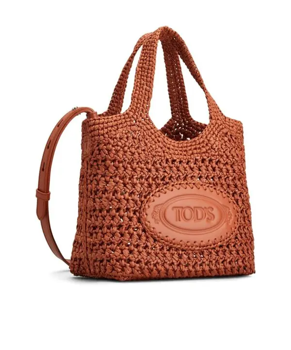 TOD'S Raffia Crochet Tote Bag With Debossed Logo - Orange