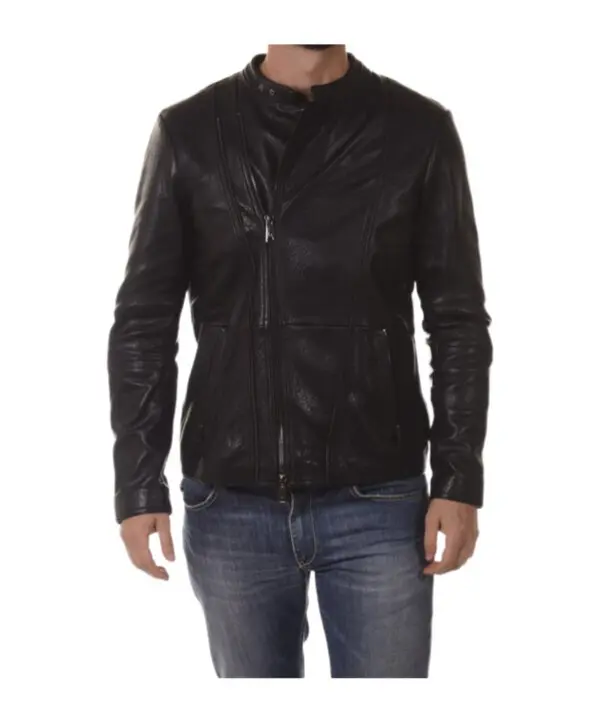 Emporio Armani Long-sleeved Leather Biker Jacket - Black