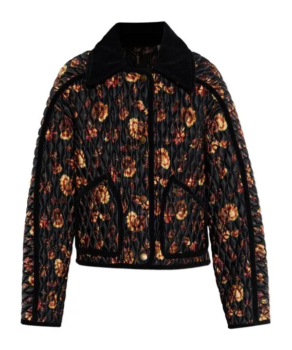 Burberry Floral Quilted Jacket With Corduroy Paneling - Black