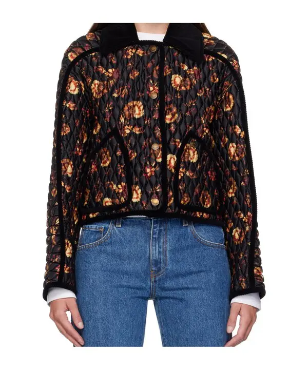 Burberry Floral Quilted Jacket With Corduroy Paneling - Black