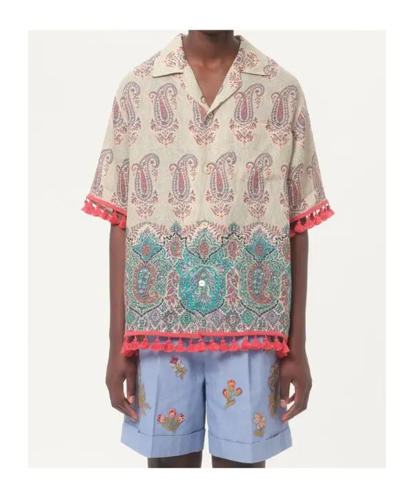 Valentino Garavani Lightweight Linen Bowling Shirt With Voyage Imaginaire Print - Nude