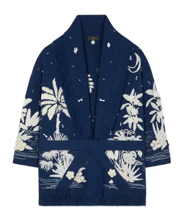 Alanui Postcard From Paradise Embellished Virgin Wool Cardigan - Dark Blue White Pearl